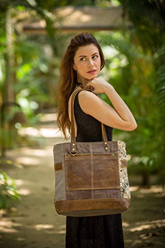 Myra Bags Side Floral Print Upcycled Canvas Tote Bag S-0915, Tan, Khaki, Brown, One_Size