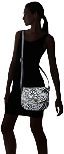 Anna by Anuschka Women's Genuine Leather Flap-Over Cross Body | Hand Painted Original Artwork | Patchwork Pewter