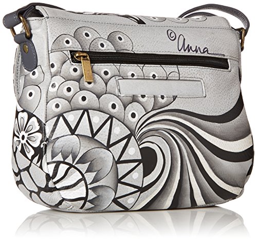 Anna by Anuschka Women's Genuine Leather Flap-Over Cross Body | Hand Painted Original Artwork | Patchwork Pewter