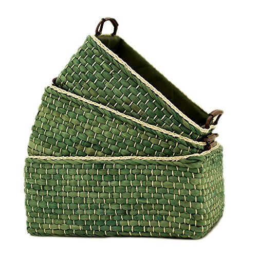 Baskets Woven Maize Storage Bins Set of 3,Kingwillow. (Green,Rectangular)