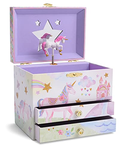 Jewelkeeper Musical Jewelry Box with 2 Pullout Drawers, Glitter Rainbow and Stars Unicorn Design, The Beautiful Dreamer Tune