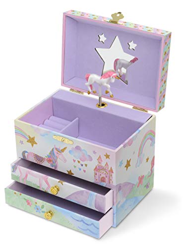 Jewelkeeper Musical Jewelry Box with 2 Pullout Drawers, Glitter Rainbow and Stars Unicorn Design, The Beautiful Dreamer Tune