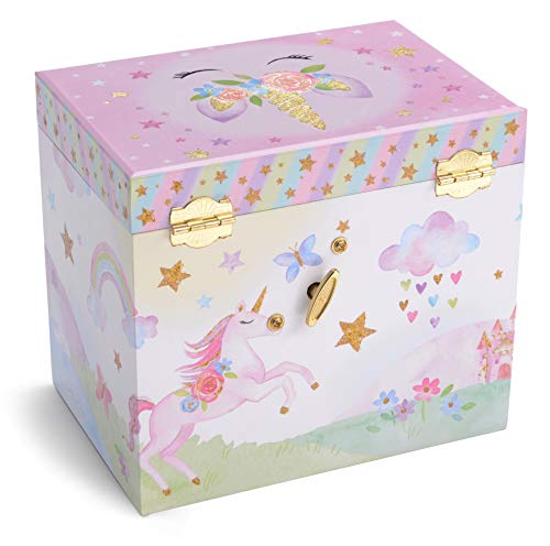 Jewelkeeper Musical Jewelry Box with 2 Pullout Drawers, Glitter Rainbow and Stars Unicorn Design, The Beautiful Dreamer Tune