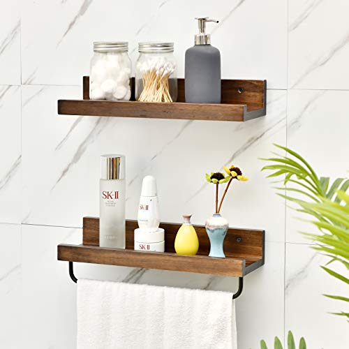 WELLAND Dayton Floating Shelves Set of 2 Wood Picture Ledge Wall Mounted Storage Shelf with Hooks for Kitchen, Bathroom