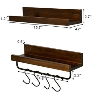 WELLAND Dayton Floating Shelves Set of 2 Wood Picture Ledge Wall Mounted Storage Shelf with Hooks for Kitchen, Bathroom