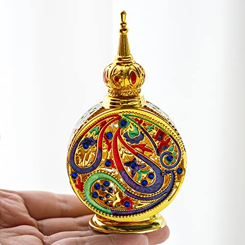 Vintage 18ml Empty Refillable Egyptian Style Enameled Metal and Glass Perfume Bottle