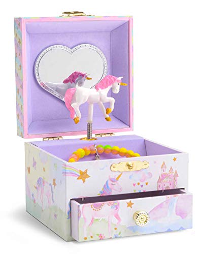 Jewelkeeper Girl's Musical Jewelry Storage Box with Spinning Unicorn & Pullout Drawer, Glitter Rainbow and Stars Design, The Unicorn Tune - Ideal Gift for Girls