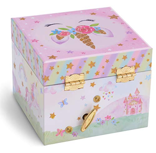 Jewelkeeper Girl's Musical Jewelry Storage Box with Spinning Unicorn & Pullout Drawer, Glitter Rainbow and Stars Design, The Unicorn Tune - Ideal Gift for Girls