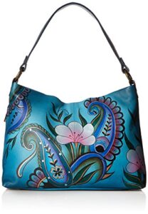 anna by anuschka hand painted leather women’s large shoulder hobo, denim paisley floral