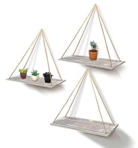 mtngift farmhouse boho rustic rope hanging shelf – floating wooden decorative wall swing shelves (set of 3)