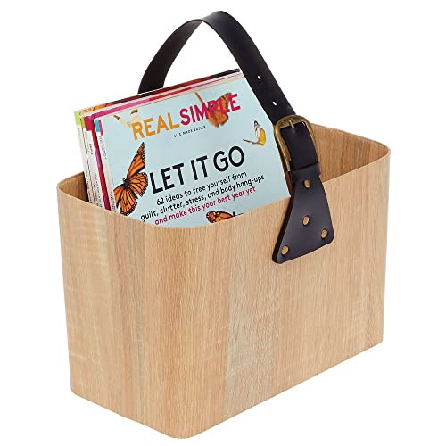 mDesign Rectangle Basket Tote Bin Organizer with Attached Handle for Magazines, Blankets, Throws - Portable - Natural