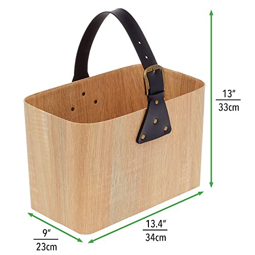 mDesign Rectangle Basket Tote Bin Organizer with Attached Handle for Magazines, Blankets, Throws - Portable - Natural