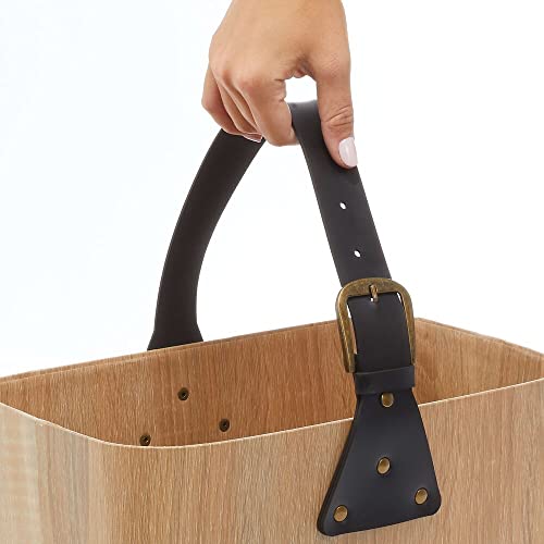 mDesign Rectangle Basket Tote Bin Organizer with Attached Handle for Magazines, Blankets, Throws - Portable - Natural