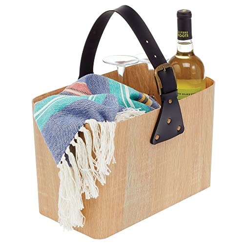 mDesign Rectangle Basket Tote Bin Organizer with Attached Handle for Magazines, Blankets, Throws - Portable - Natural