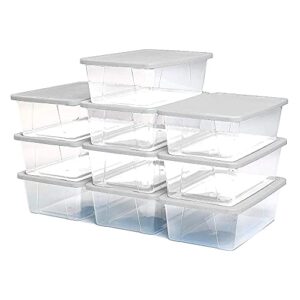 homz 6 quart plastic multipurpose stackable storage container bins with secure latching lid for home and office organization, clear (10 pack)