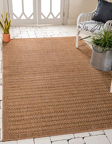 Unique Loom Outdoor Border Collection Transitional Indoor & Outdoor Casual Striped Tonal Border Area Rug (6' 0 x 9' 0 Rectangular, Light Brown/ Olive)