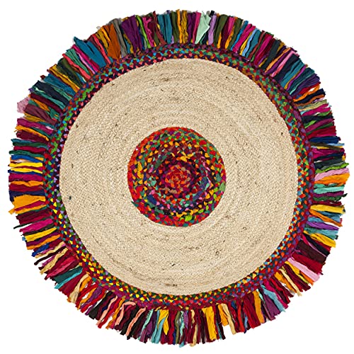 SAFAVIEH Cape Cod Collection 3' Round Ivory/Red CAP205A Handmade Boho Fringe Jute & Cotton Area Rug