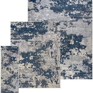 Gertmenian Area Rug 3 Piece Sets Non-Shedding Soft Modern Contemporary Carpet pc Living Room Dining Entryway Bedroom Runner Rugs Gift Set, 2x6 5x7 8x10 Large, Navy Blue Abstract, 81739