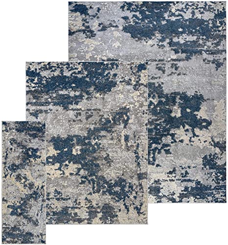 Gertmenian Area Rug 3 Piece Sets Non-Shedding Soft Modern Contemporary Carpet pc Living Room Dining Entryway Bedroom Runner Rugs Gift Set, 2x6 5x7 8x10 Large, Navy Blue Abstract, 81739