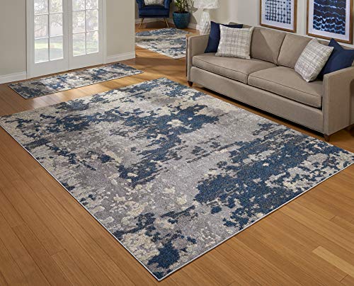 Gertmenian Area Rug 3 Piece Sets Non-Shedding Soft Modern Contemporary Carpet pc Living Room Dining Entryway Bedroom Runner Rugs Gift Set, 2x6 5x7 8x10 Large, Navy Blue Abstract, 81739