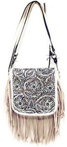 texas west western genuine leather cowgirl crossbody messenger fringe laser cut purse bag in 5 colors (white)