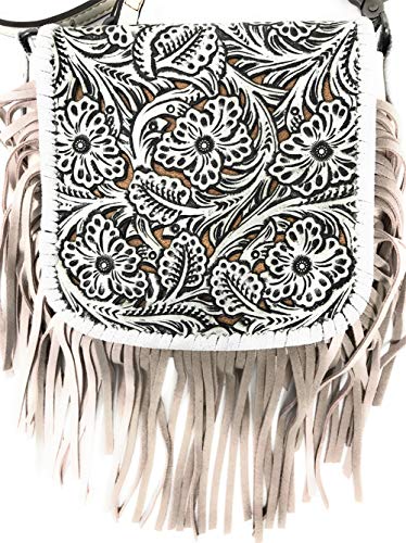 Texas West Western Genuine Leather Cowgirl Crossbody Messenger Fringe Laser Cut Purse Bag in 5 colors (White)