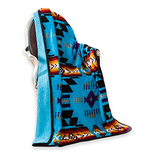 Nu Trendz Signature Southwest Design (Navajo Print) Sherpa Lined Throw 16112 Turquoise Blue