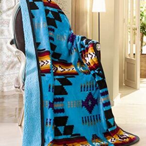 Nu Trendz Signature Southwest Design (Navajo Print) Sherpa Lined Throw 16112 Turquoise Blue