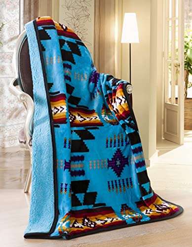 Nu Trendz Signature Southwest Design (Navajo Print) Sherpa Lined Throw 16112 Turquoise Blue