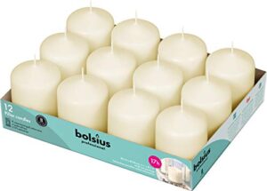 bolsius set of 12 ivory pillar candles – 2.25-x3-inch unscented candle set – dripless clean burning smokeless dinner candle – perfect for wedding candles, parties and special occasions