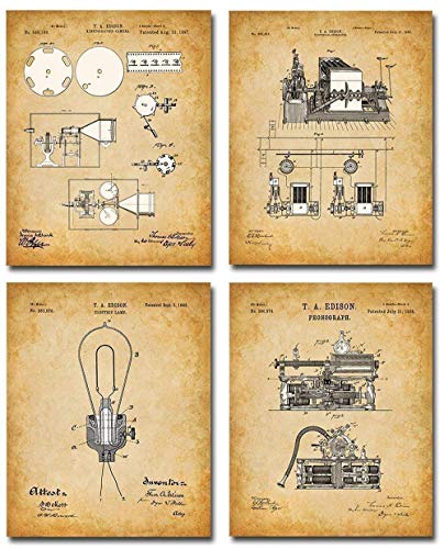 Original Thomas Edison Patent Prints - Set of Four Photos (8x10) Unframed - Makes a Great Home or Office Decor and Gift Under $20 for Inventors