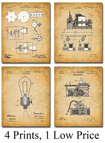 Original Thomas Edison Patent Prints - Set of Four Photos (8x10) Unframed - Makes a Great Home or Office Decor and Gift Under $20 for Inventors