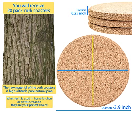 MotBach 20 Pack Extra Thick Natural Cork Drink Coasters,1/4" Thick Reusable Cork Coaster,All Drinks for Family,Office, Bar,Simple Shape, Versatile,Used for DIY