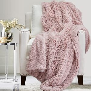 the connecticut home company throw blanket, soft plush reversible shag and sherpa, warm thick throws for bed, comfy washable bedding accent blankets for sofa couch chair, 65×50, dusty rose