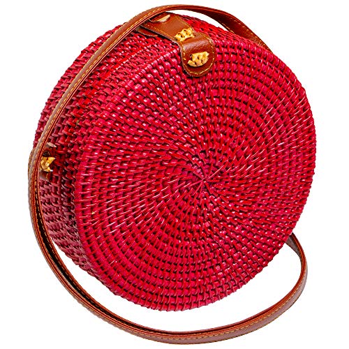 Handwoven Red Round Rattan Tote Crossbody Beach Style Circle Bag Wicker Purse