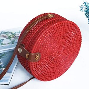 Handwoven Red Round Rattan Tote Crossbody Beach Style Circle Bag Wicker Purse