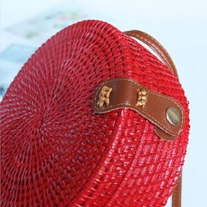 Handwoven Red Round Rattan Tote Crossbody Beach Style Circle Bag Wicker Purse