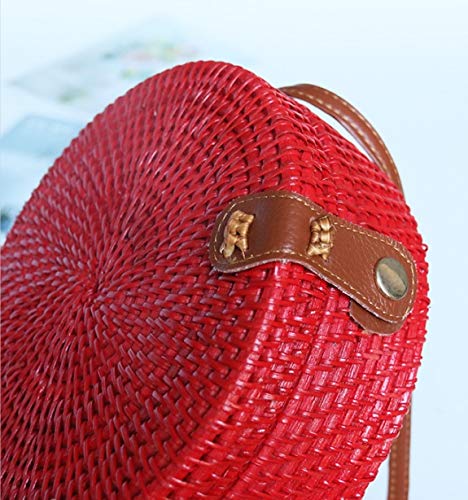 Handwoven Red Round Rattan Tote Crossbody Beach Style Circle Bag Wicker Purse