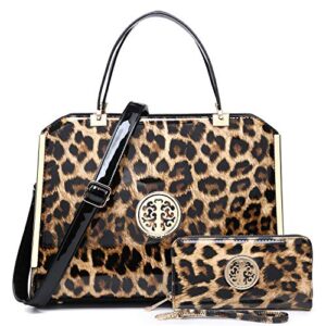 dasein women large handbag purse vegan leather satchel work bag shoulder tote with matching wallet (leopard)