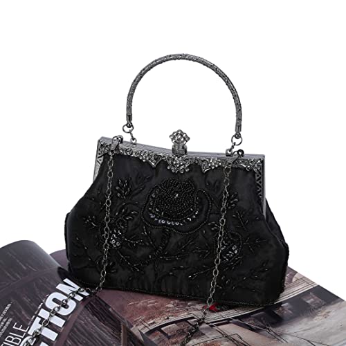 Tanpell 1920s Flapper Clutch Vintage Beaded Evening Bags Sequined Handbag Gatsby Purse for Women Wedding Prom Cocktail Party Black