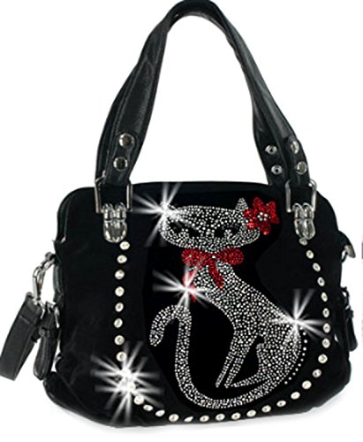 Zzfab Double Handles Rhinestone Cat Purse Black