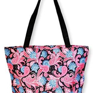 Women Teen Fashion Print Lined Top Zipper Tote Bag Handbag with Lined Interior - Can be Personalized (Black Trim Pink Paisley)