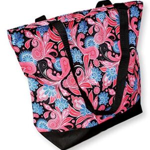 Women Teen Fashion Print Lined Top Zipper Tote Bag Handbag with Lined Interior - Can be Personalized (Black Trim Pink Paisley)