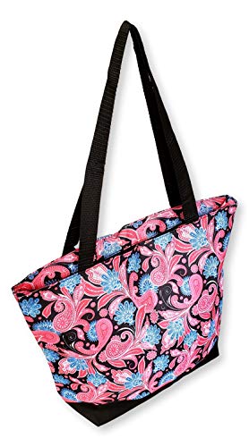 Women Teen Fashion Print Lined Top Zipper Tote Bag Handbag with Lined Interior - Can be Personalized (Black Trim Pink Paisley)