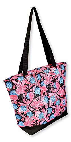 Women Teen Fashion Print Lined Top Zipper Tote Bag Handbag with Lined Interior - Can be Personalized (Black Trim Pink Paisley)