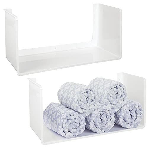 mDesign Plastic Wall Mount Towel Storage Organizer Display Shelf - Hang in Bathroom, Kitchen, Entryway, Hallway, Mudroom, Bedroom, Laundry Room - Kitchen Towels, Hand Towels, 2 Pack - White