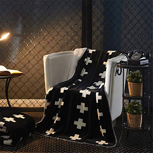 Tenghe Sherpa Flannel Blanket Throws Cross Swiss Pattern Geometric Soft Cozy Blankets Quilts for Bed Sofa Couch Chair (39"X 59",Black)