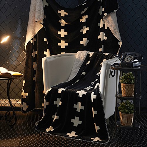 Tenghe Sherpa Flannel Blanket Throws Cross Swiss Pattern Geometric Soft Cozy Blankets Quilts for Bed Sofa Couch Chair (39"X 59",Black)