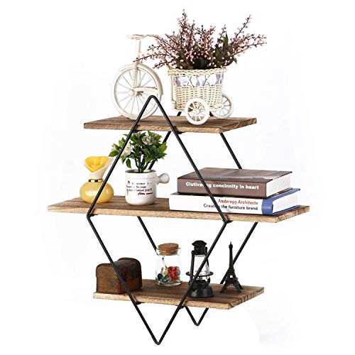 Homode Floating Shelves, Rustic Wood Geometric Wall Shelf, 3 Tier Diamond Metal Storage Shelves for Bedroom, Bathroom, Living Room, Kitchen, Office, Black and Brown