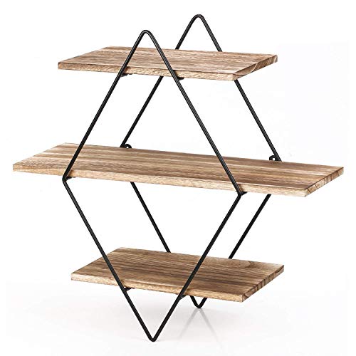 Homode Floating Shelves, Rustic Wood Geometric Wall Shelf, 3 Tier Diamond Metal Storage Shelves for Bedroom, Bathroom, Living Room, Kitchen, Office, Black and Brown